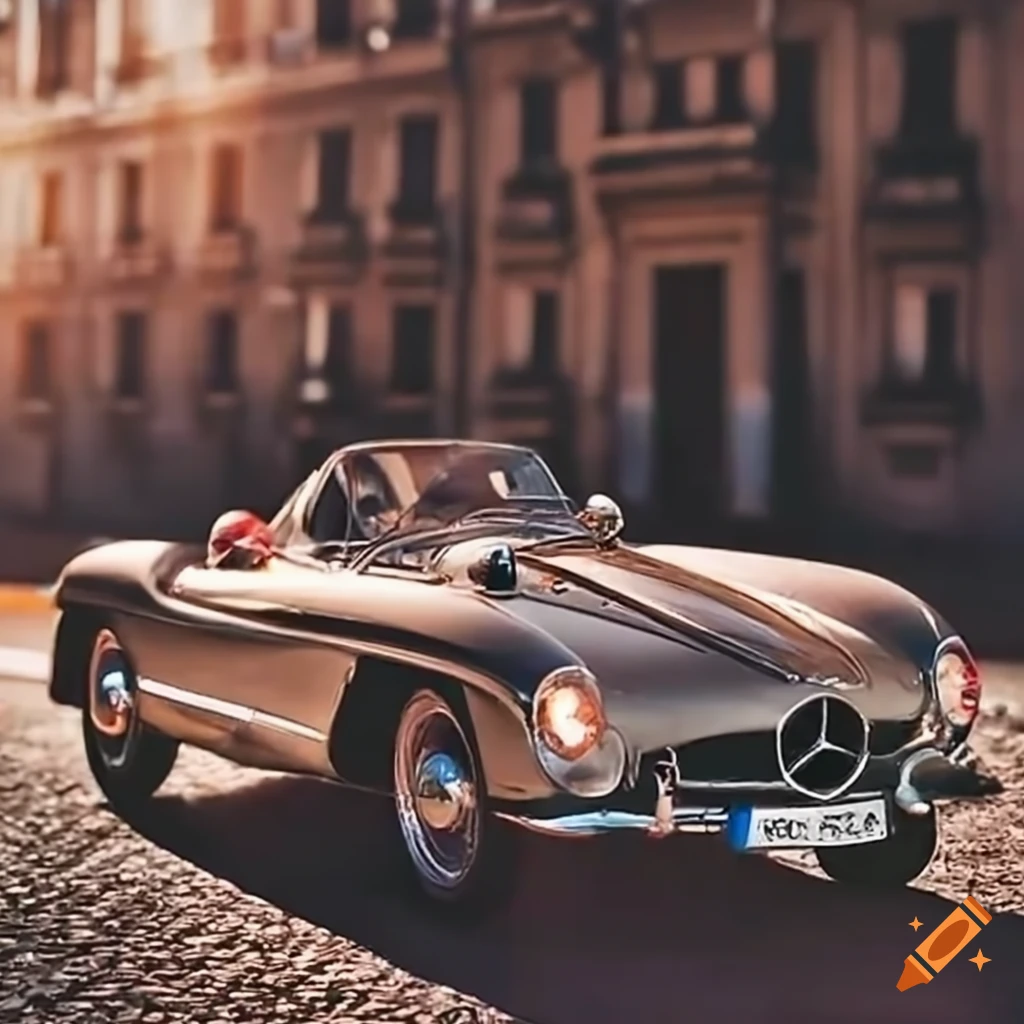 Three women in 1950s dior style outside mercedes-benz cars with puerta ...
