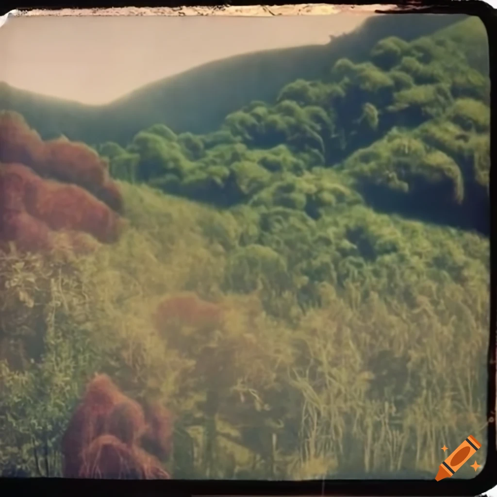 Vintage painting of hills covered with bushes in old film style (1934 ...