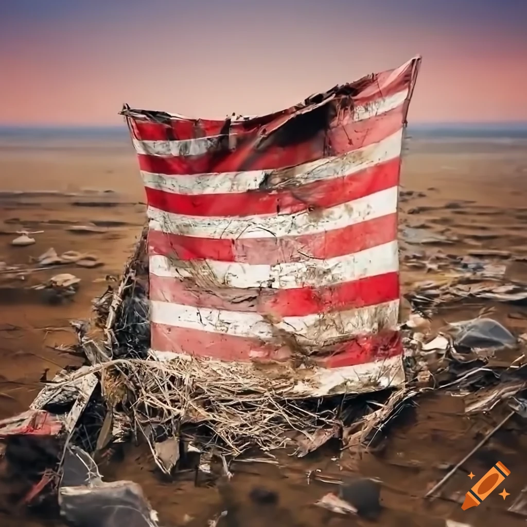 Detail of a dirty flag caught in a nest of junk garbage in a destroyed ...