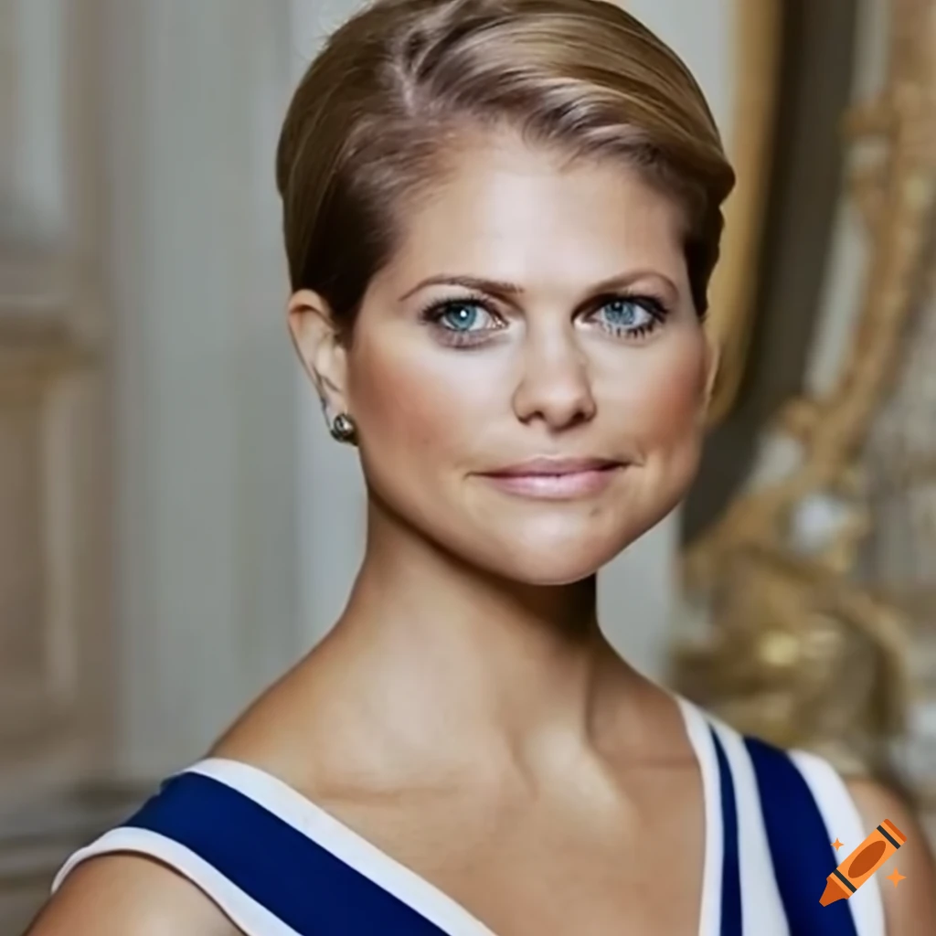 Swedish Princess Madeleine with a stylish pixie haircut, profile view ...