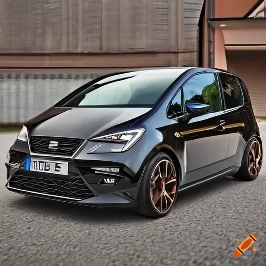 Sporty black Seat Mii Cupra Leon with copper details on Craiyon