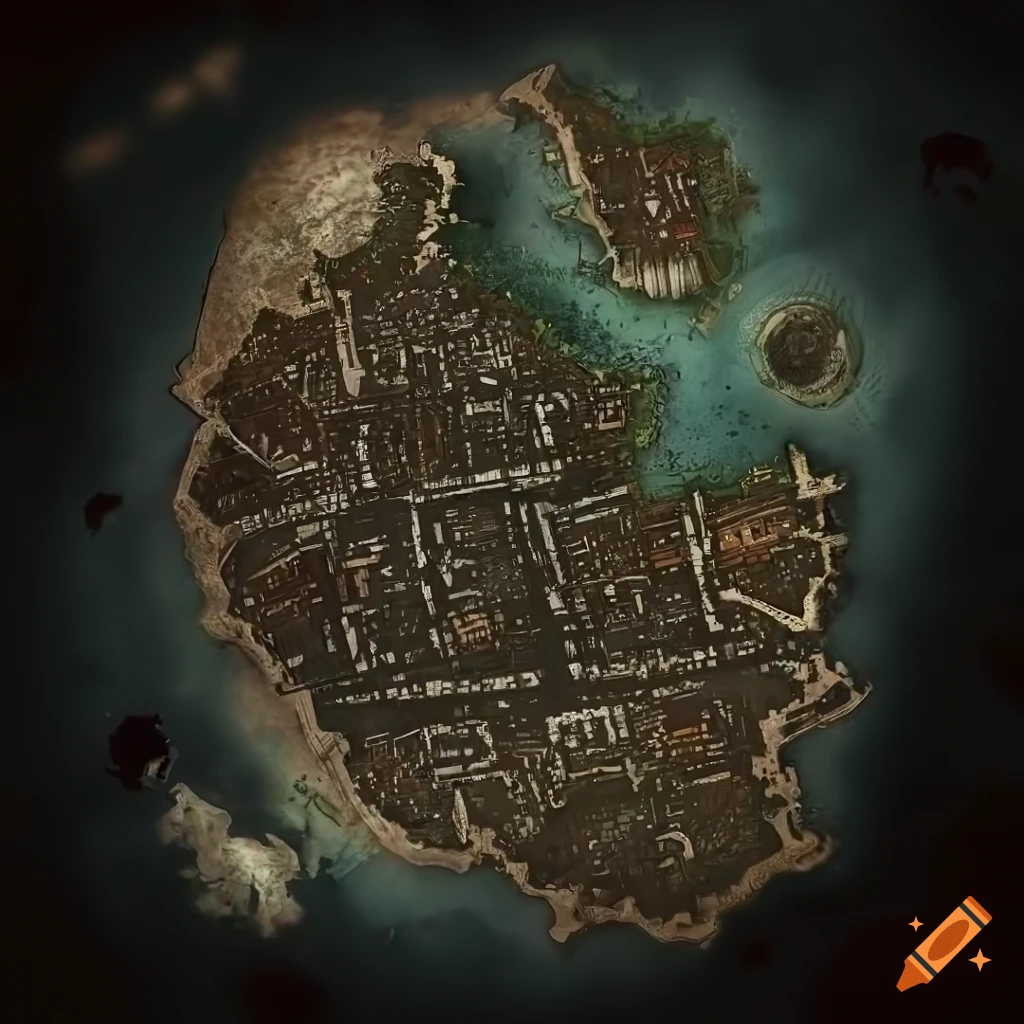 Satellite view of a Warhammer 40K city map for Dark Heresy on Craiyon