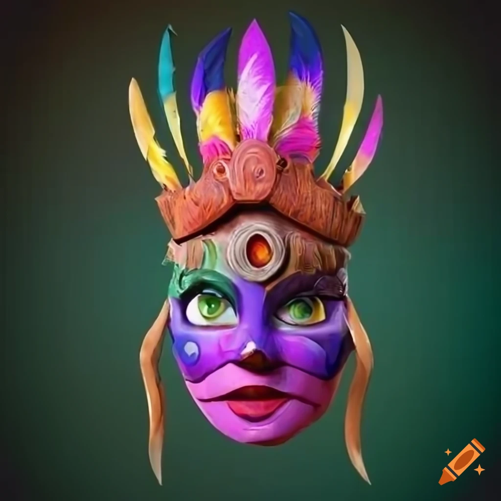 Vibrant sumarian wooden mask with feather crown and lifelike eyes on ...