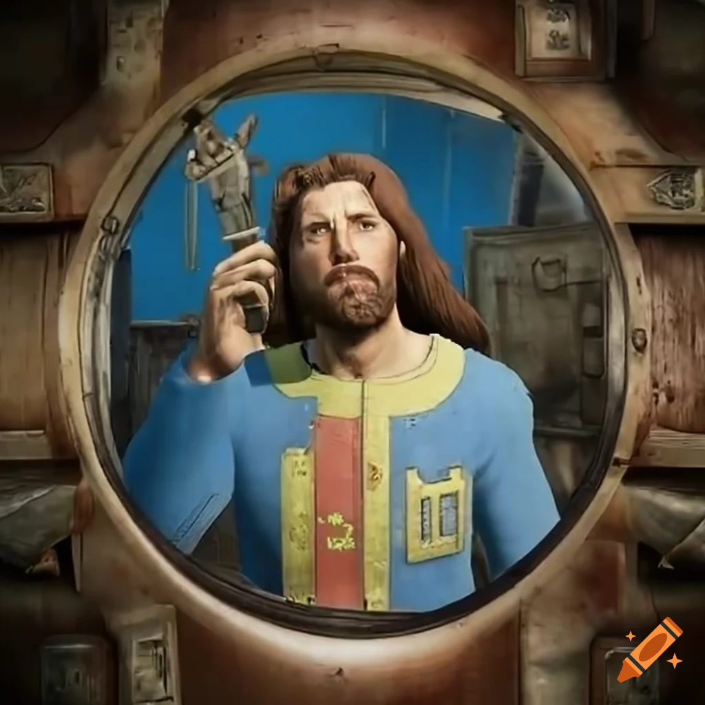 Character inspired by fallout 4 with a depiction of jesus on Craiyon
