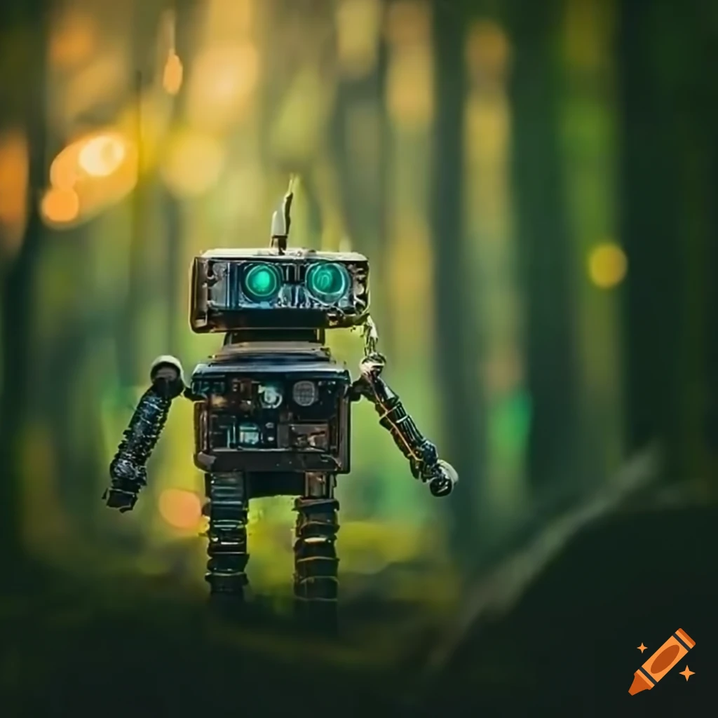 Reclaimed robot exploring nature in a peaceful forest on Craiyon