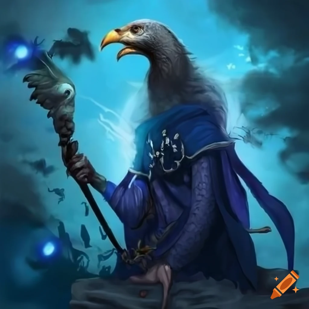 Blue wizard and condor humanoid in a fantasy art depiction on Craiyon