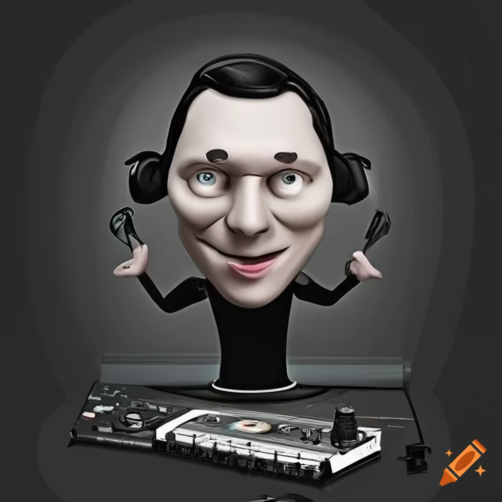Cartoon DJ Tiesto at turntables with speakers in black and white on Craiyon