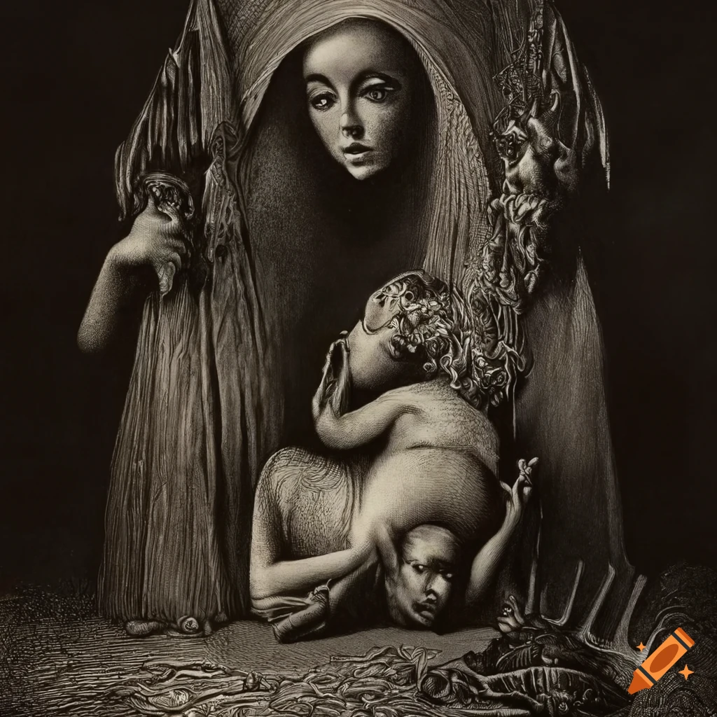 Surreal mezzotint art with esoteric beauty in a renaissance black and ...