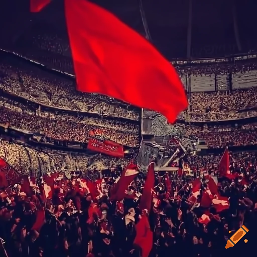 Political rally in a stadium with f16 jets flying overhead in retro ...