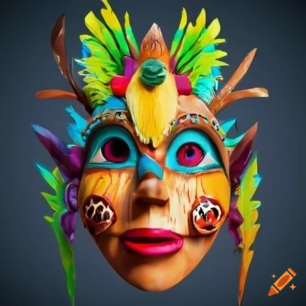 Vibrant sumarian wooden mask with a feather crown depicting a friendly ...