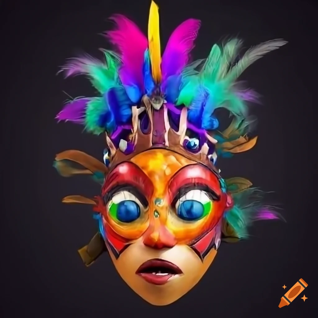 Vibrant queen's sumarian wooden mask with feather crown and lifelike ...
