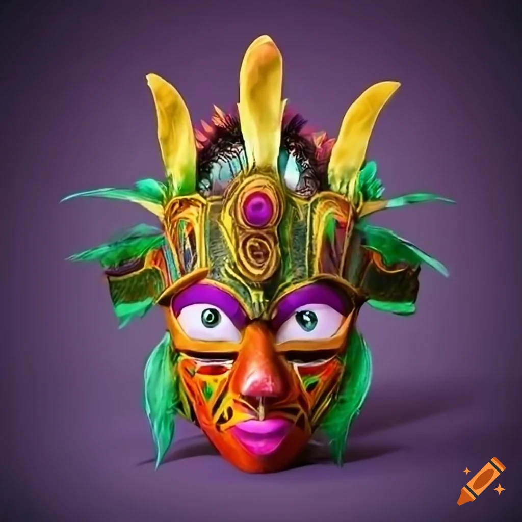 Vibrant sumarian wooden mask with feather crown and lifelike eyes on ...
