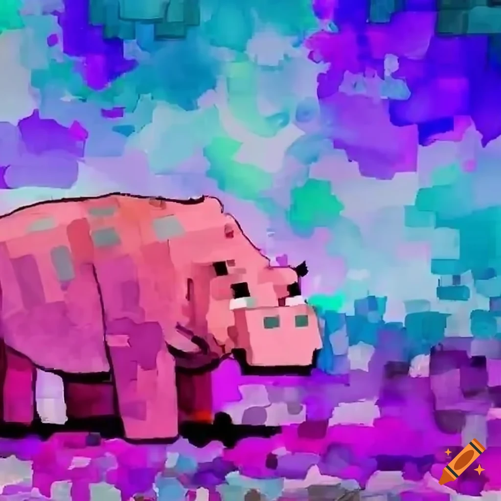 Vibrant Minecraft scene featuring a unique pink hippo exploring on Craiyon