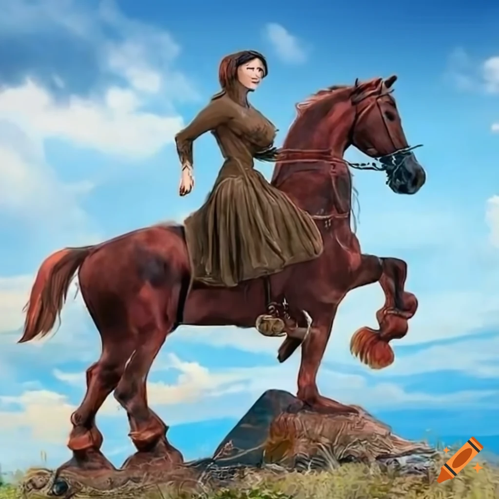 Woman in 1800s attire riding a unique horse made of smaller horses on ...