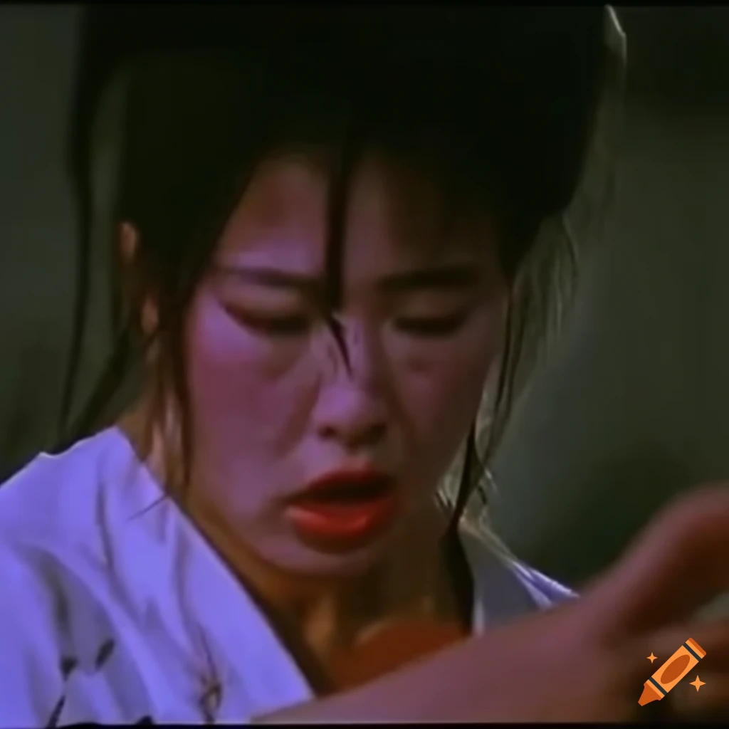 Defeated female martial artist in an expressive closeup during an 80's ...