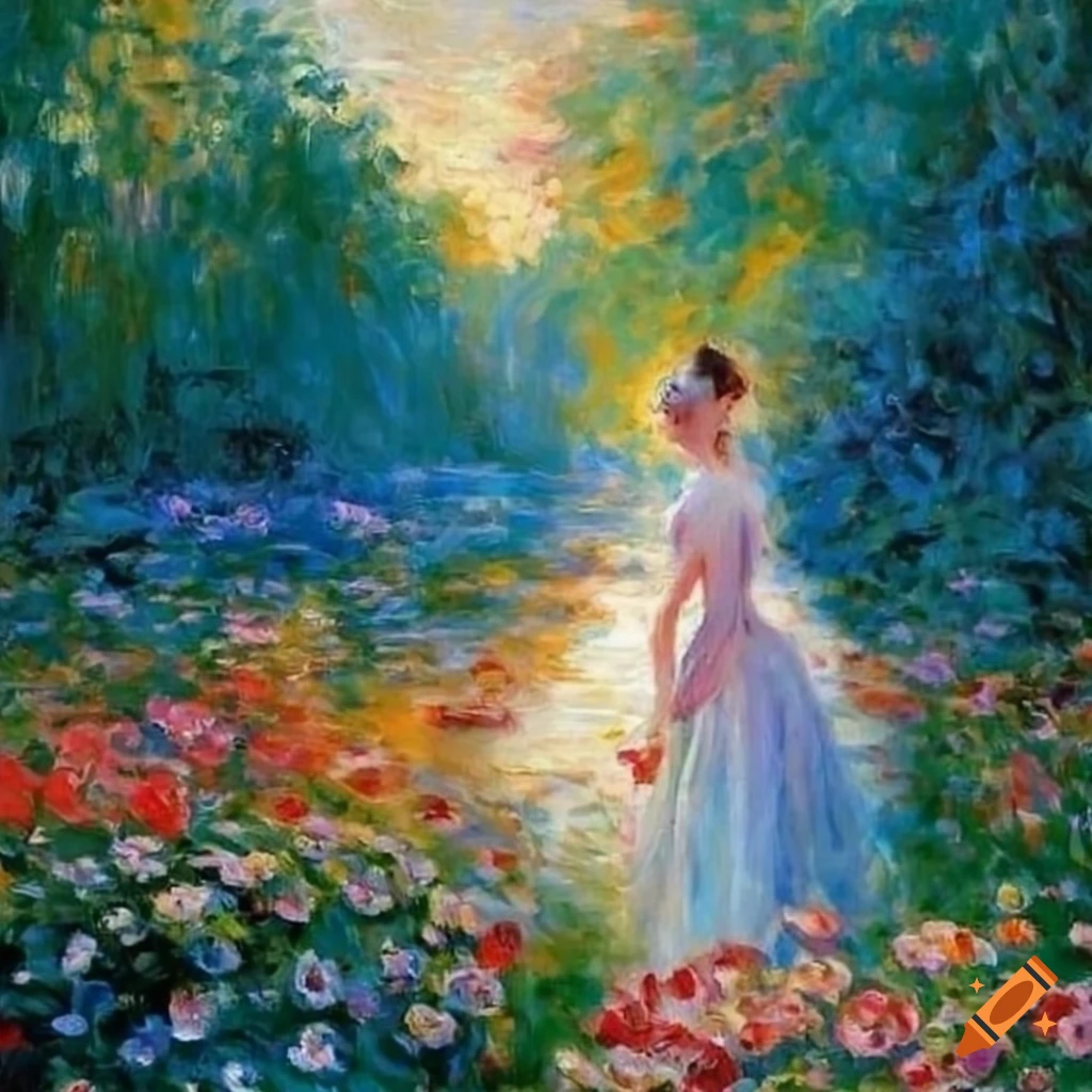 Claude monet's ethereal flower garden with people painting during an ...