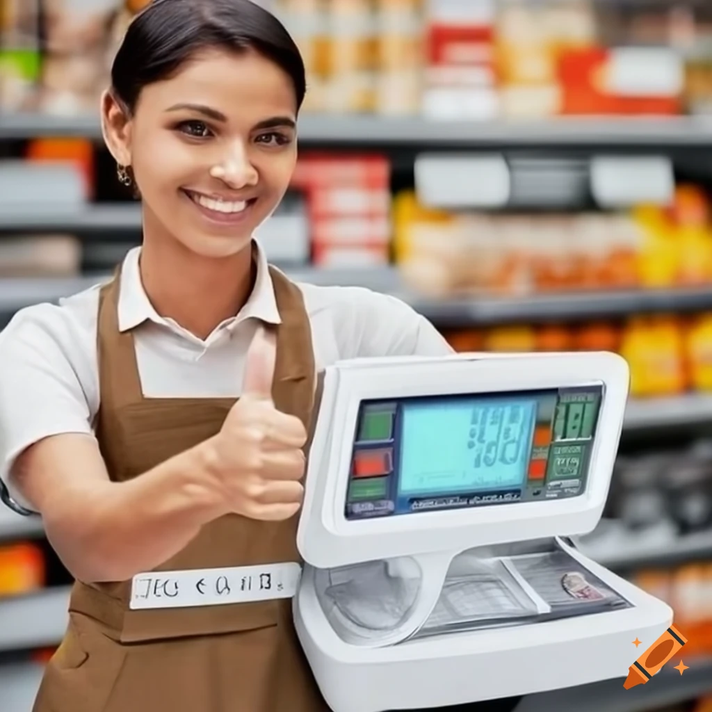 Smiling shopkeeper giving thumbs up with digital counting scale on Craiyon