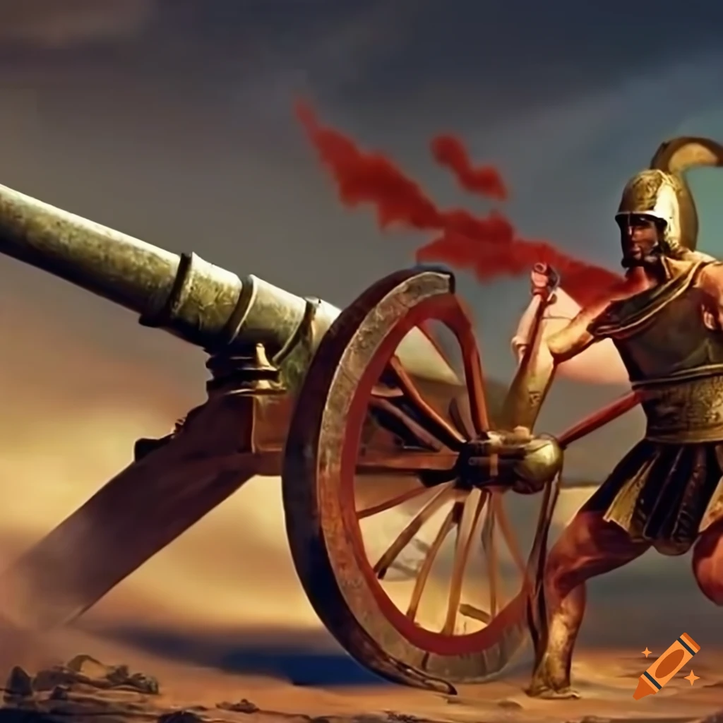 Ancient greek warriors using a bronze cannon on Craiyon