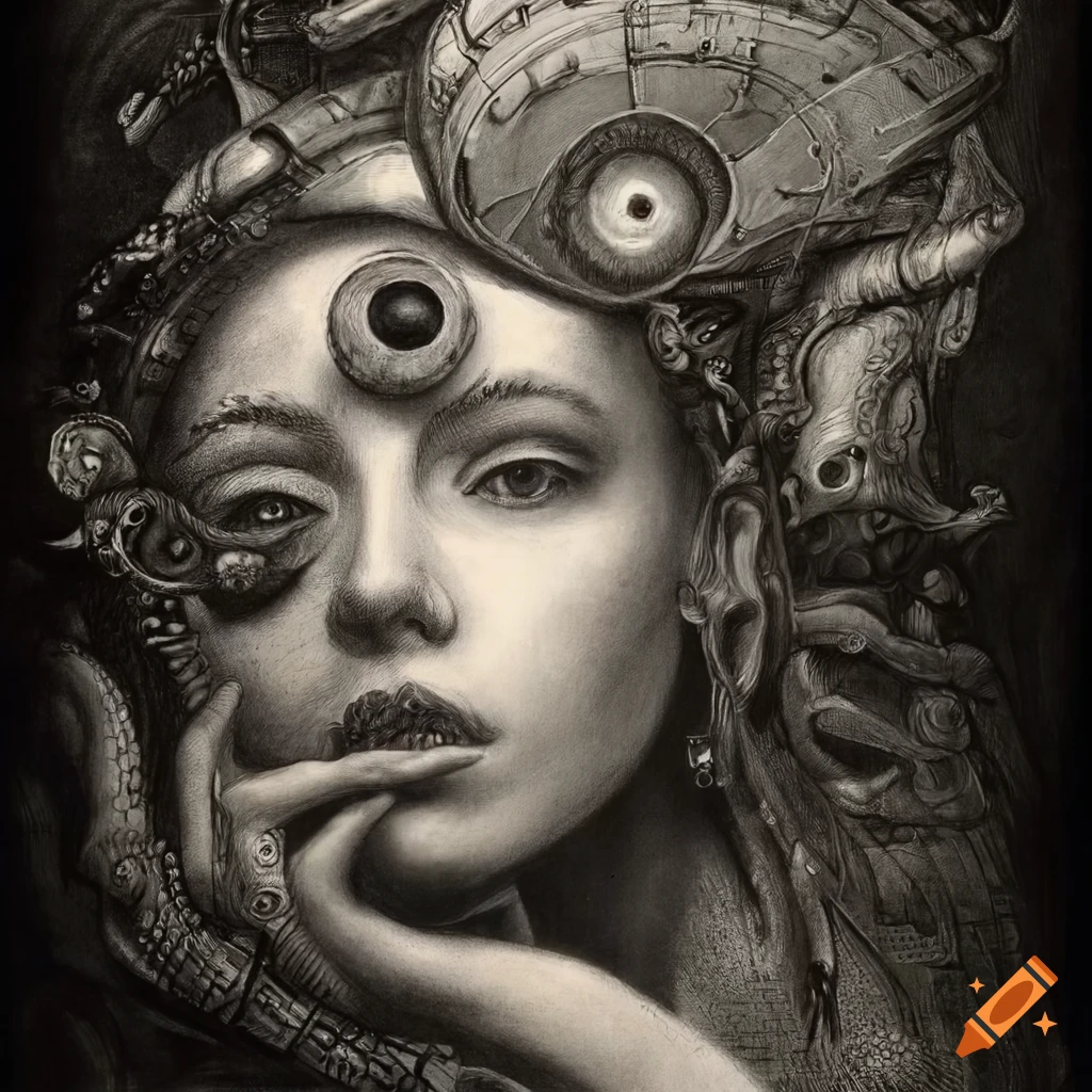 Esoteric graphite abstract of a beautiful girl with a biomechanical ...