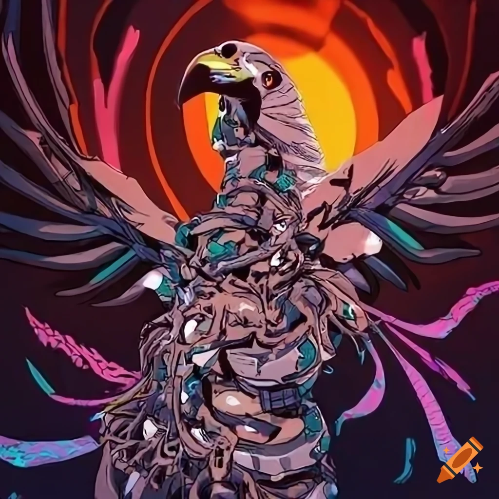 Epic cybernetic snake devouring a protective bird in 80s anime style on ...