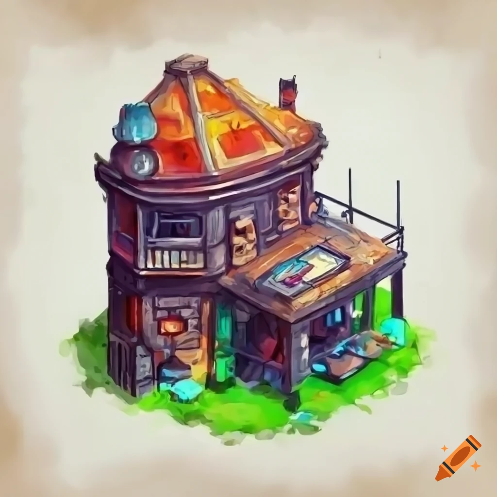 Isometric sci-fi alchemy shop in studio ghibli style with liquid ...