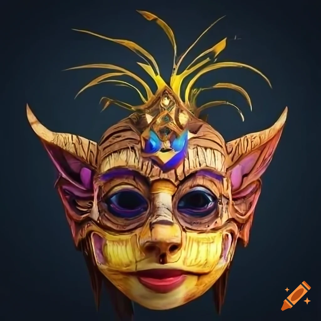 Vibrant sumarian wooden mask with feather crown and lifelike eyes on ...