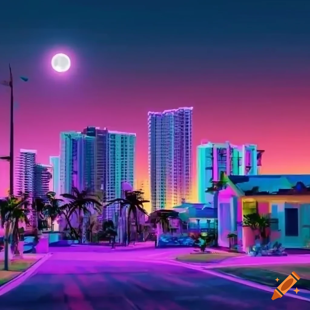 Neon colored cityscape of hotline miami with moonlit streets and houses ...