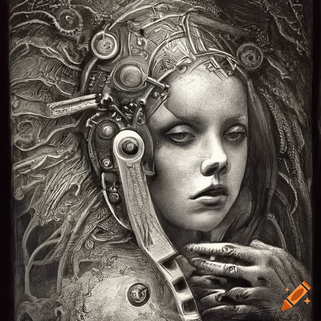 Esoteric graphite abstract of a beautiful girl with biomechanical ...