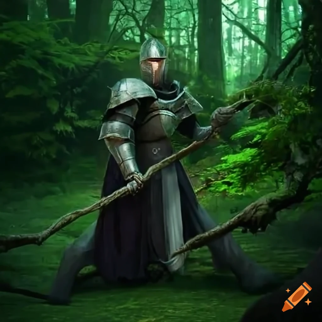 Brave knight battling uprooted vines in an enchanted forest on Craiyon