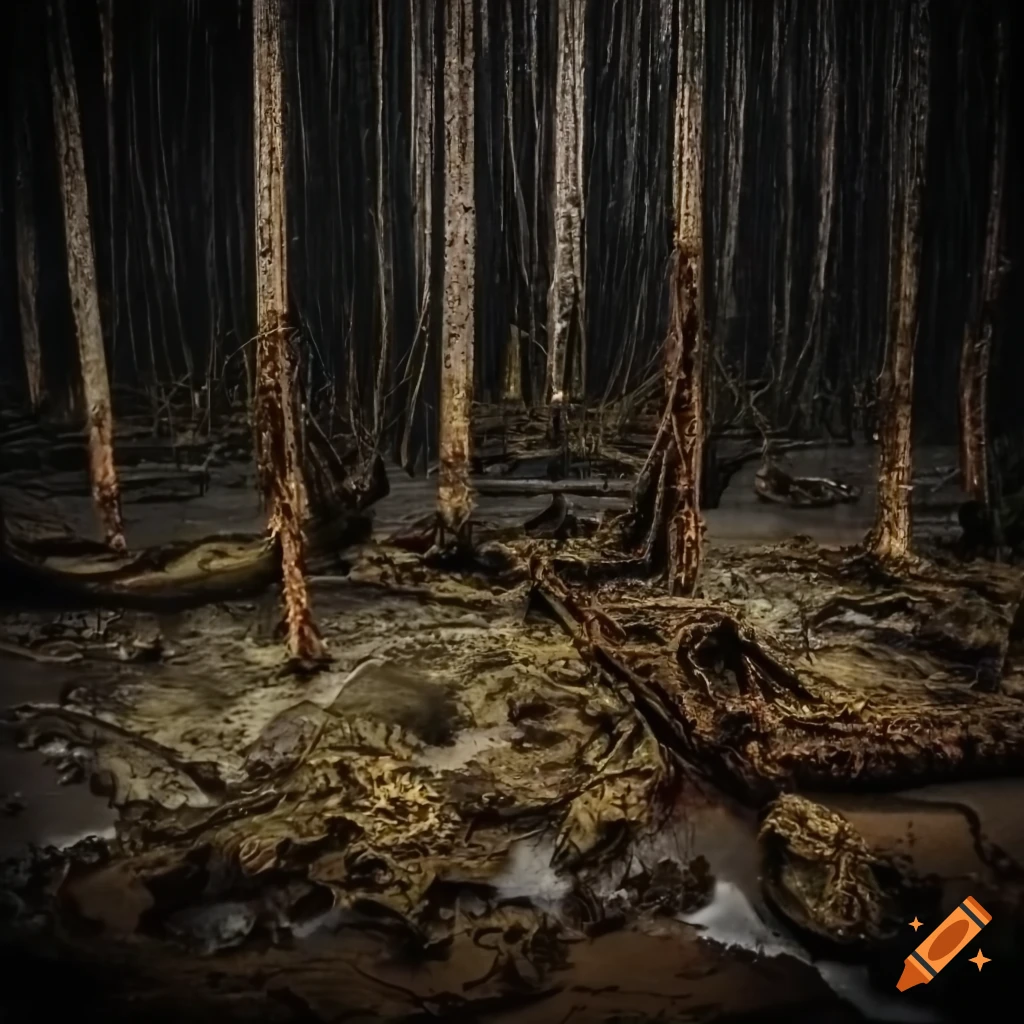 Swamp shrouded in eternal haze with rusted cogs and massive pistons on ...