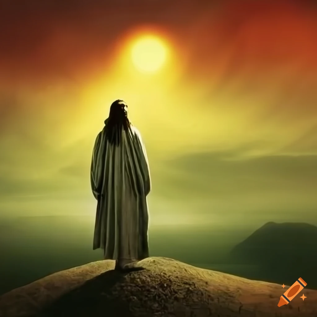 Jesus on a lush green hill overlooking a fiery landscape on Craiyon