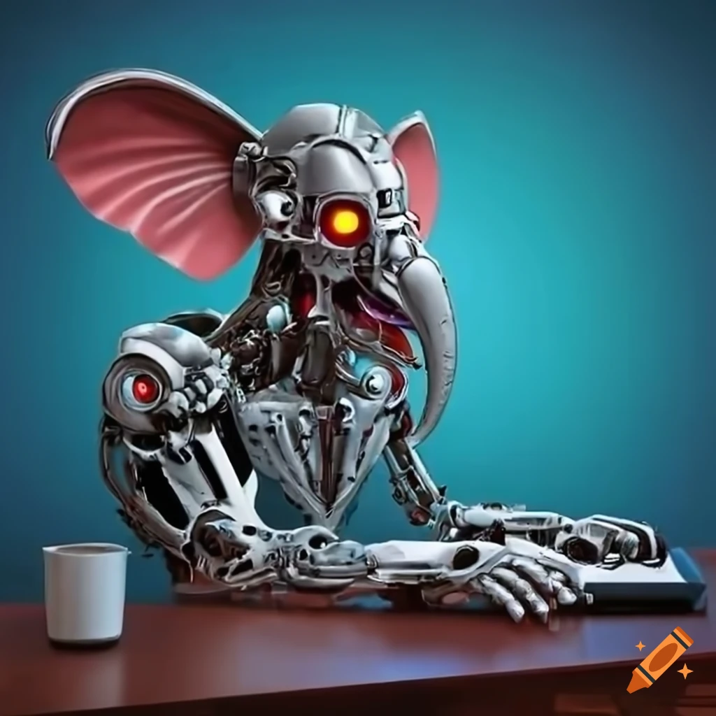 Elephant-shaped cyborg terminator typing in an office room on Craiyon