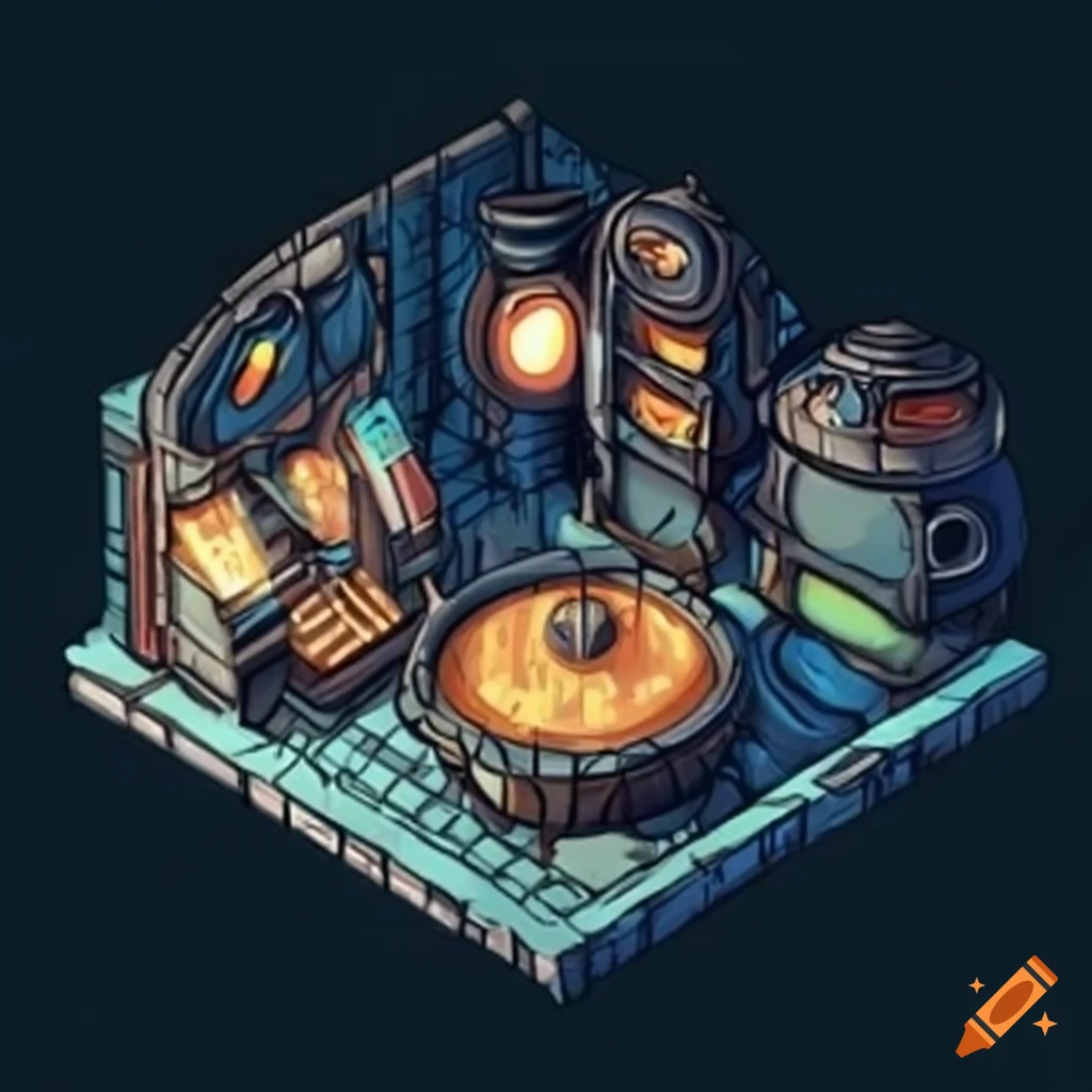 Isometric sci-fi alchemy shop in Studio Ghibli style with liquid ...