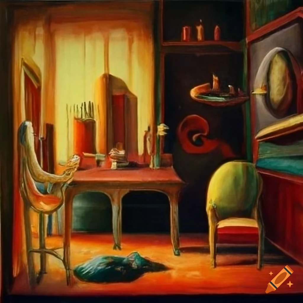 Surrealist room scene inspired by max ernst in an oil painting style on ...