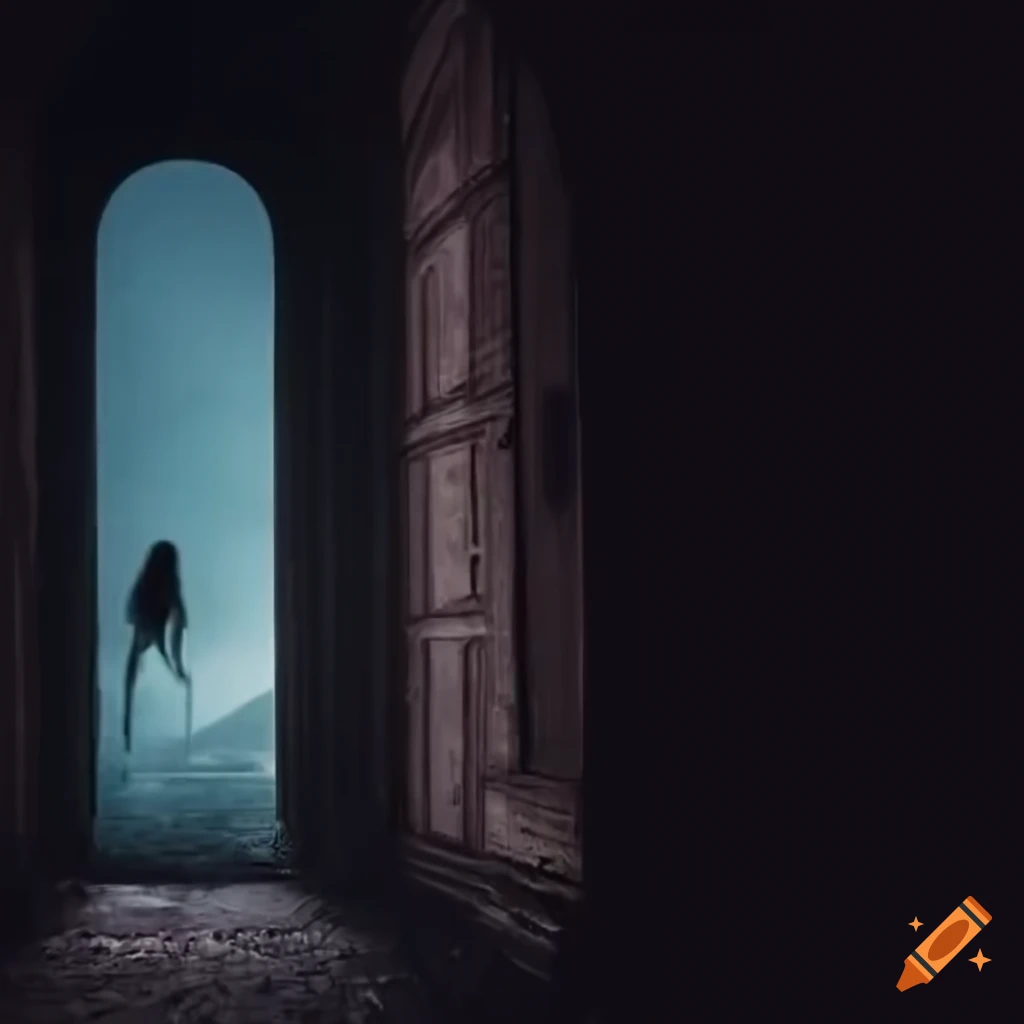 Sombra humana cerca de puerta antigua en un sótano misterioso on Craiyon