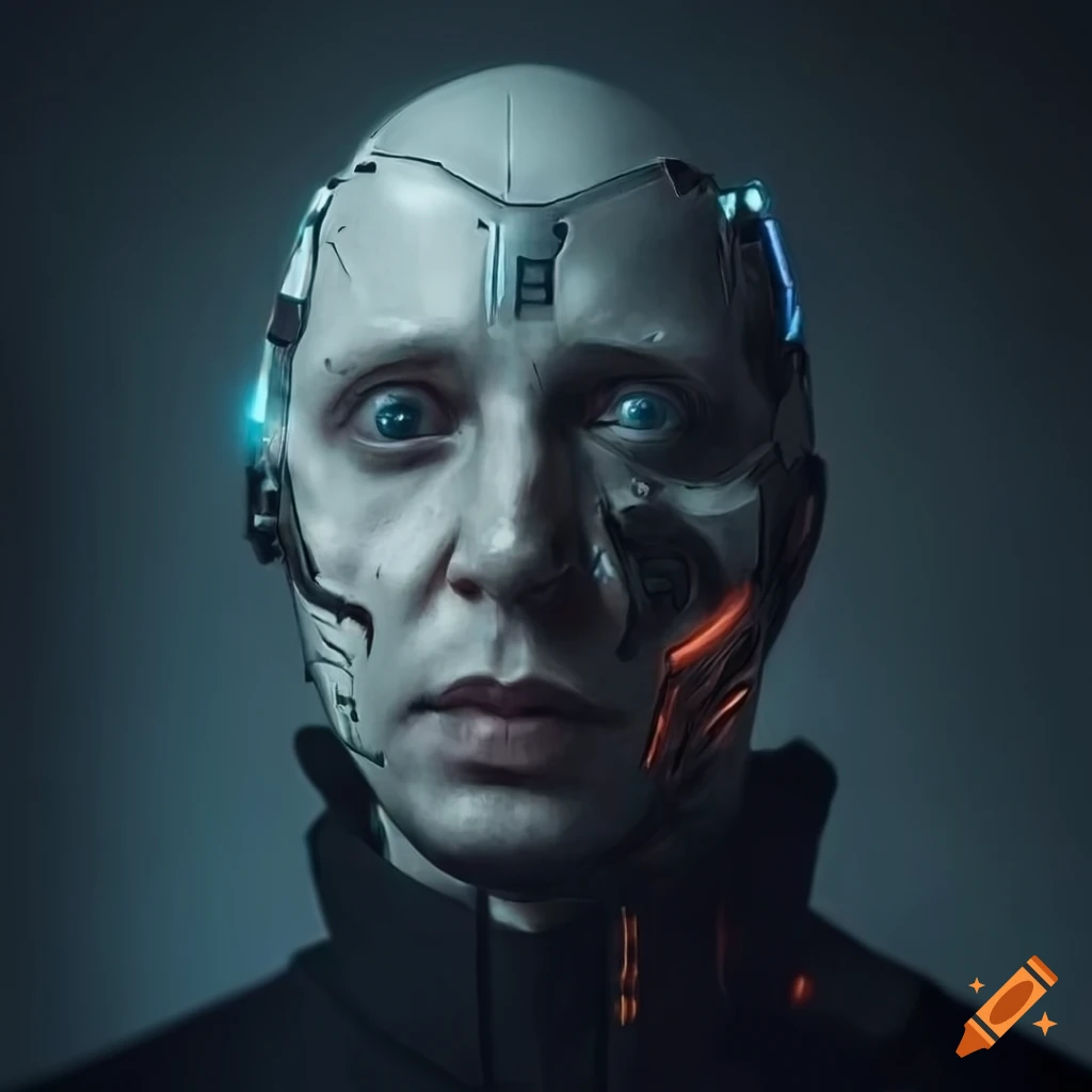 Sci-fi cyborg tech priest with captivating eyes in an office setting on ...