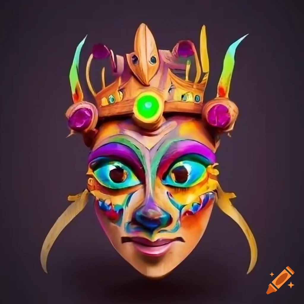 Intricately detailed queen's sumarian wooden mask with feather crown on ...