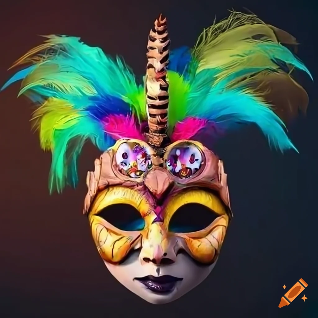 Vibrant sumarian wooden mask with feather crown and lifelike eyes on ...