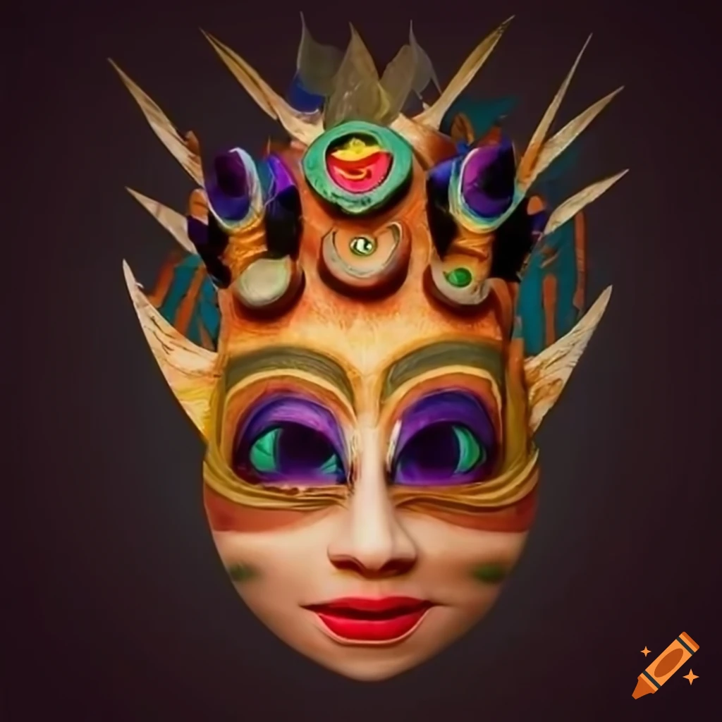 Intricately detailed vibrant sumarian wooden mask with feather crown on ...