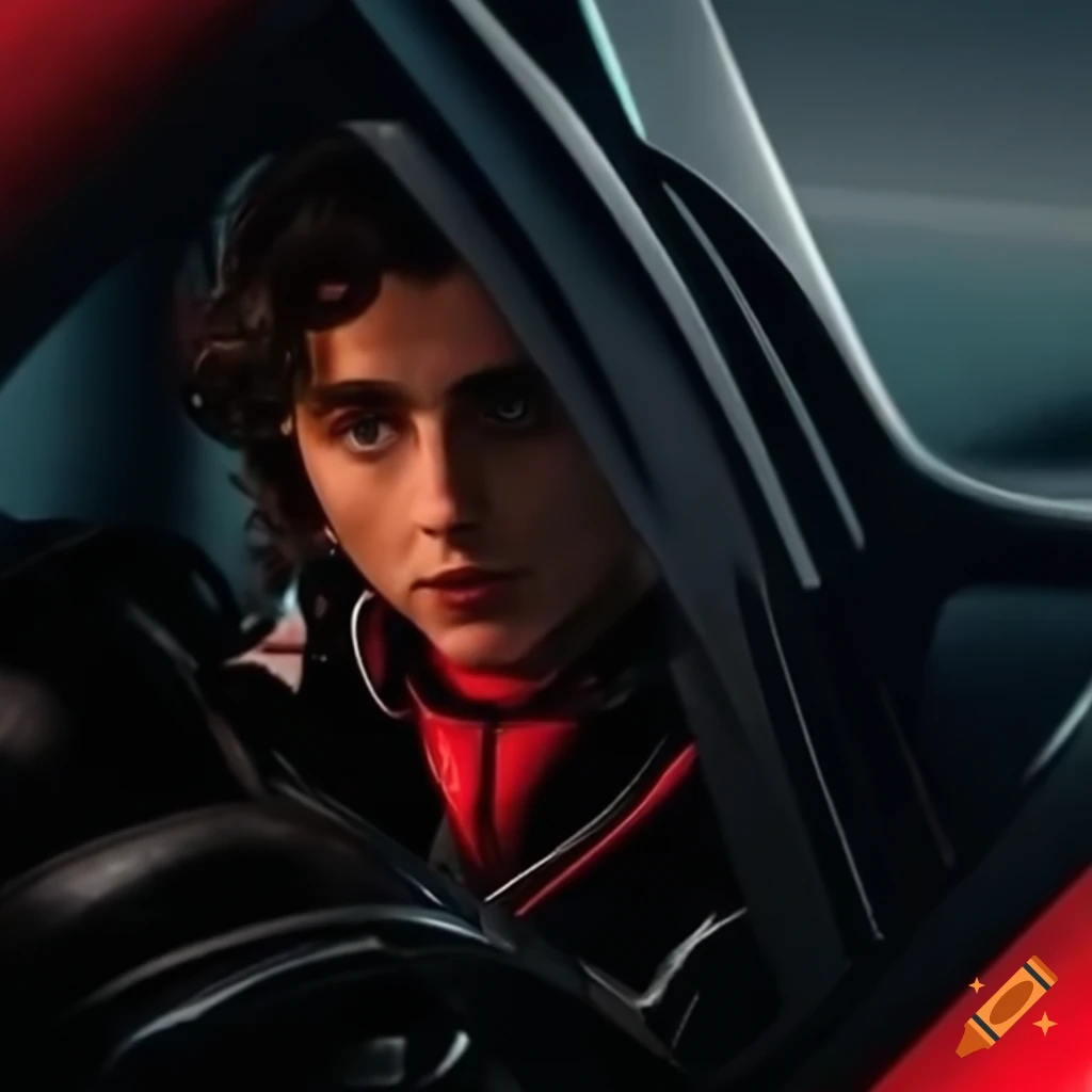 Timothee Chalamet as Regulus Black in racing suit driving a red Ferrari ...