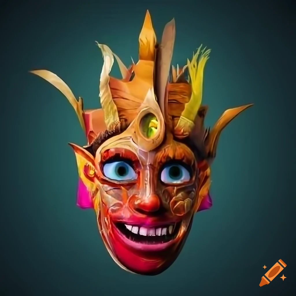 Detailed sumarian wooden mask with feather crown and vibrant colors on ...