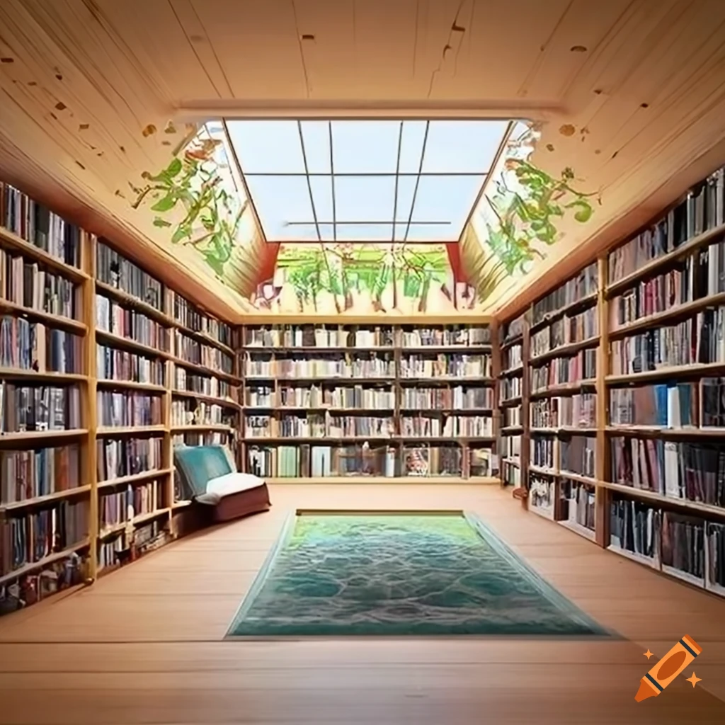 Home library room with glass roof and hanging net for reading on Craiyon