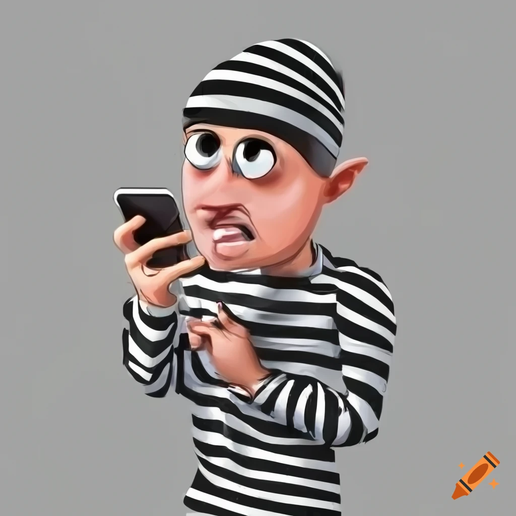 Humorous cartoon of bandit texting in black & white striped outfit on ...