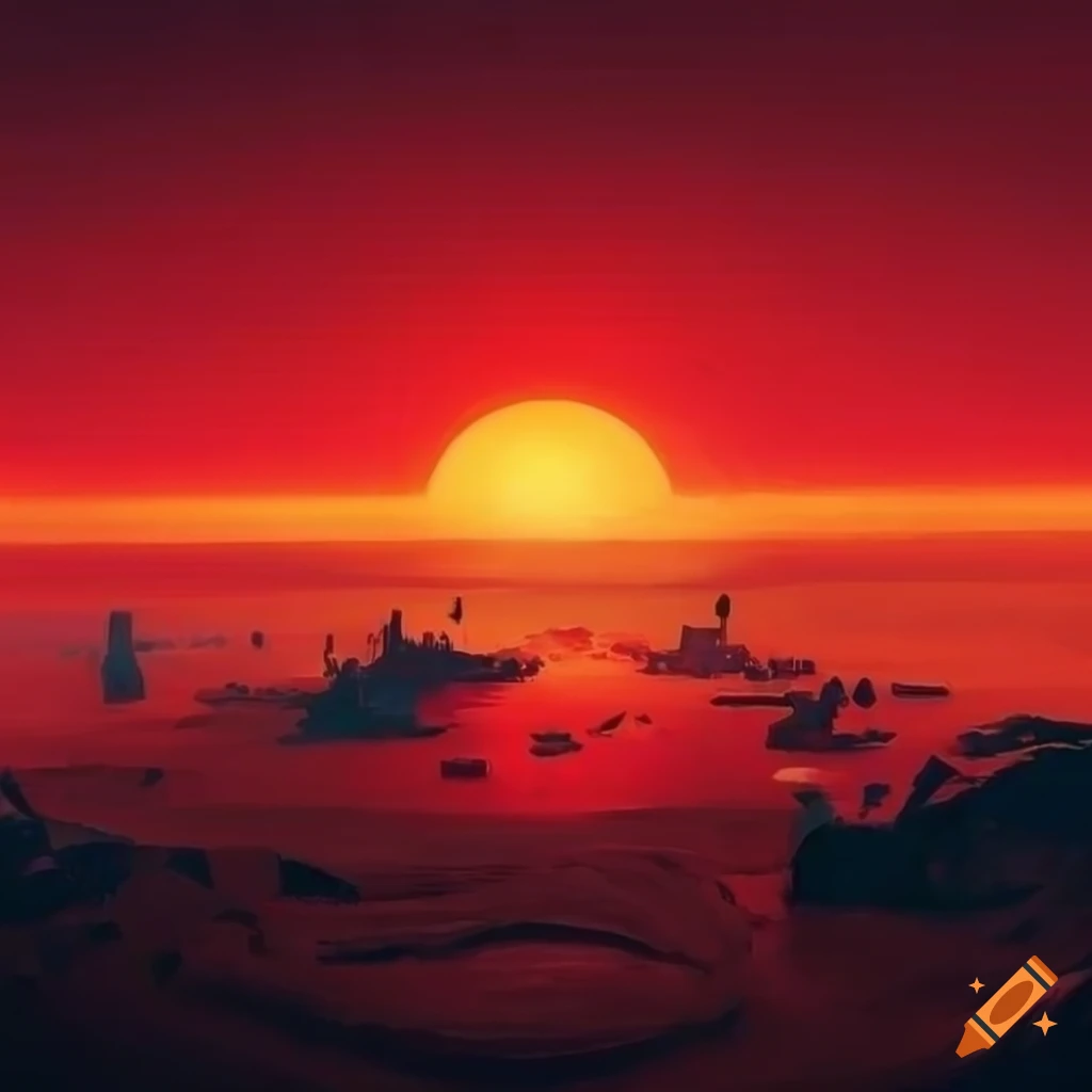 Red sun setting over a futuristic landscape in a sci-fi artwork on Craiyon
