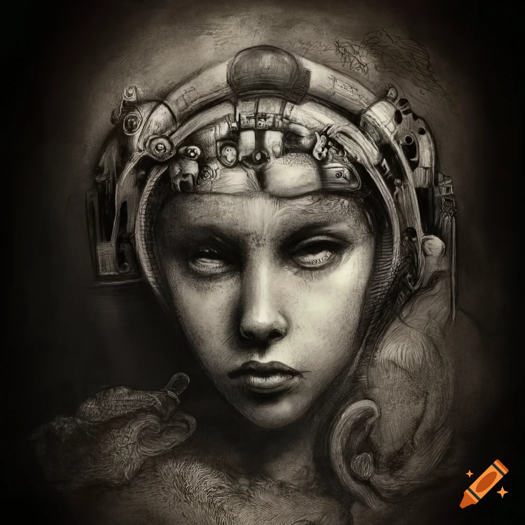Esoteric graphite abstract beautiful girl with biomechanical steampunk ...