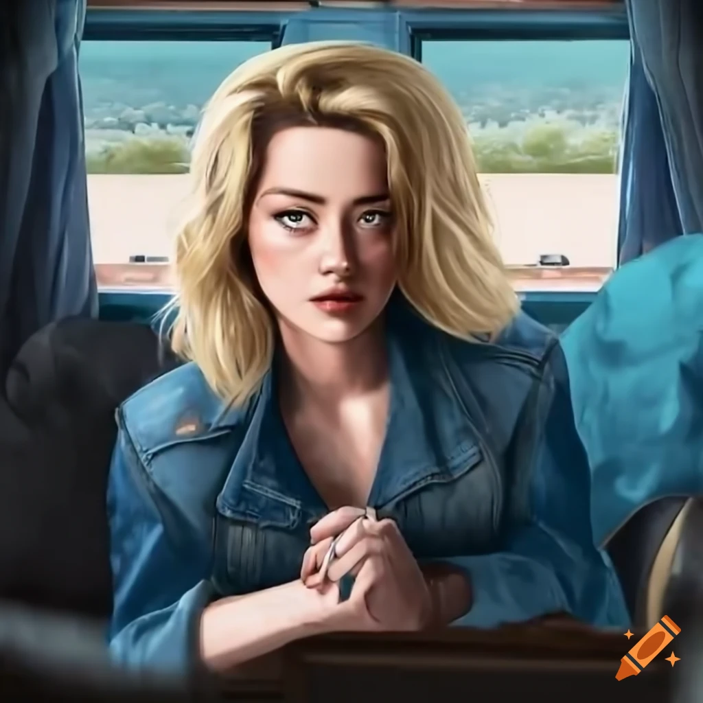 Blonde actress with outlaw biker style outfit sitting relaxed on Craiyon