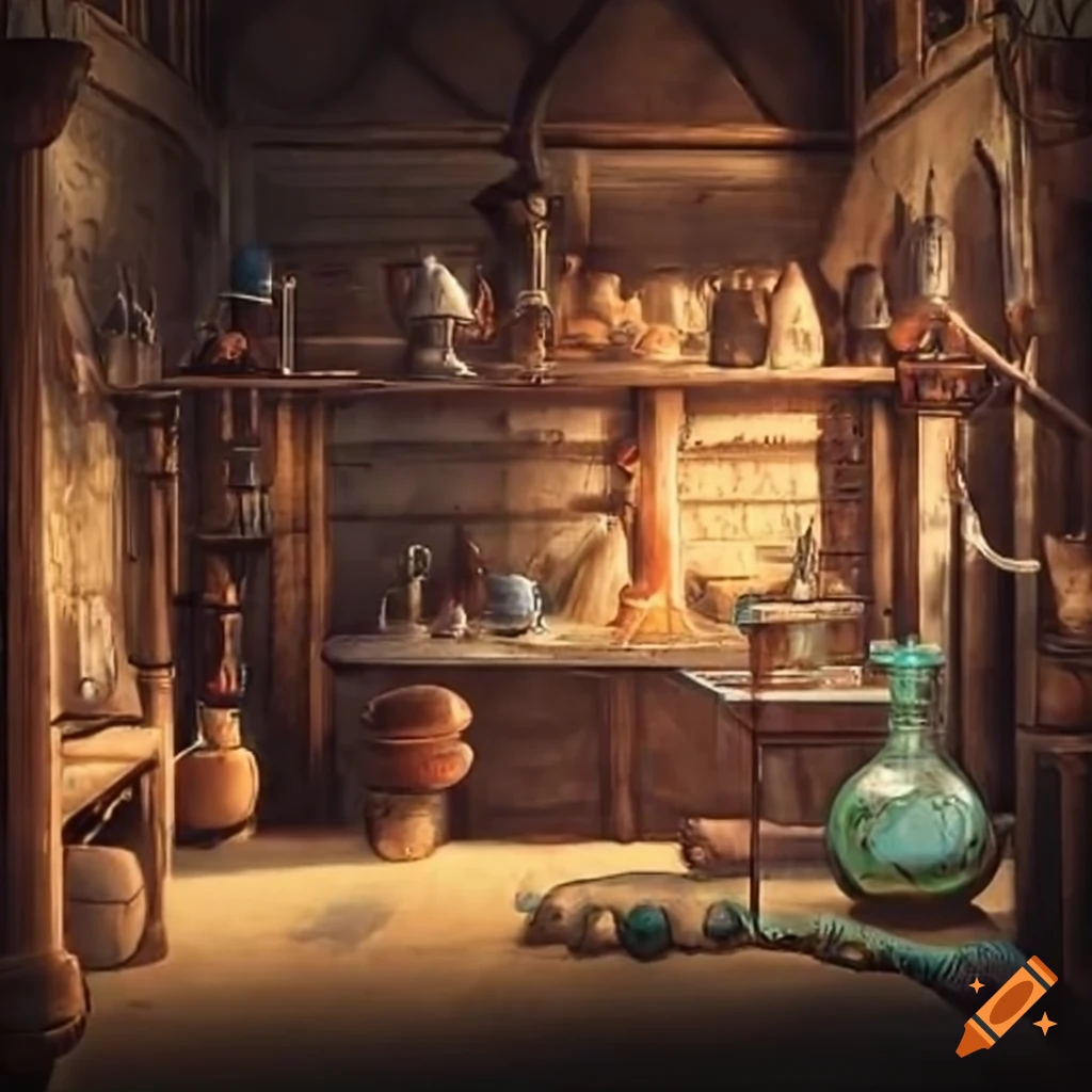 Medieval alchemist's lab with bubbling distillation flask on Craiyon