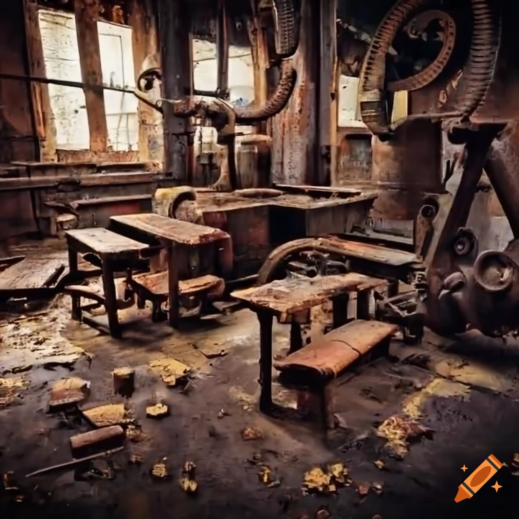 Derelict steampunk factory with rusted machinery and benches from high ...