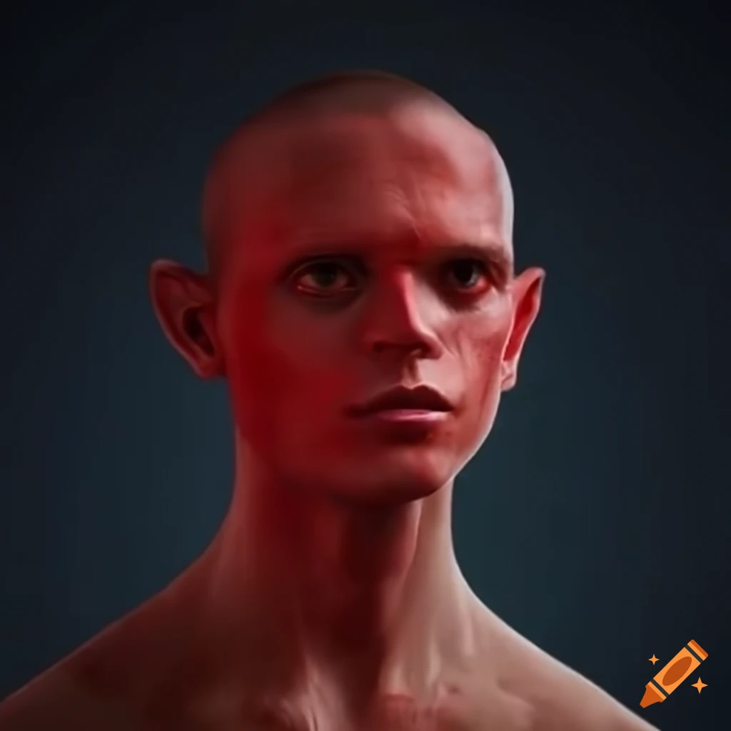 Red-skinned man with small triangular horns, turned slightly to the ...