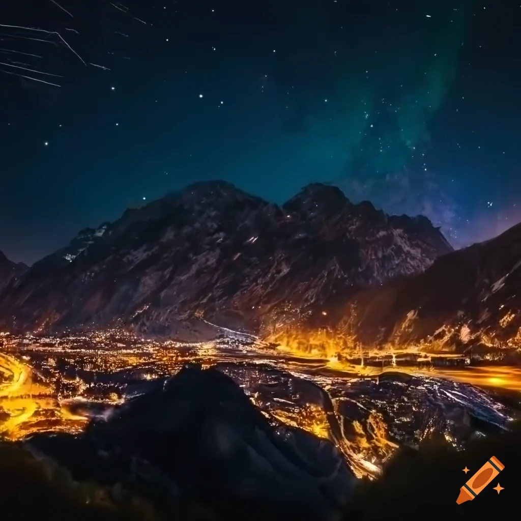 Velaris, a city of starlight nestled among mountains under a starry sky ...